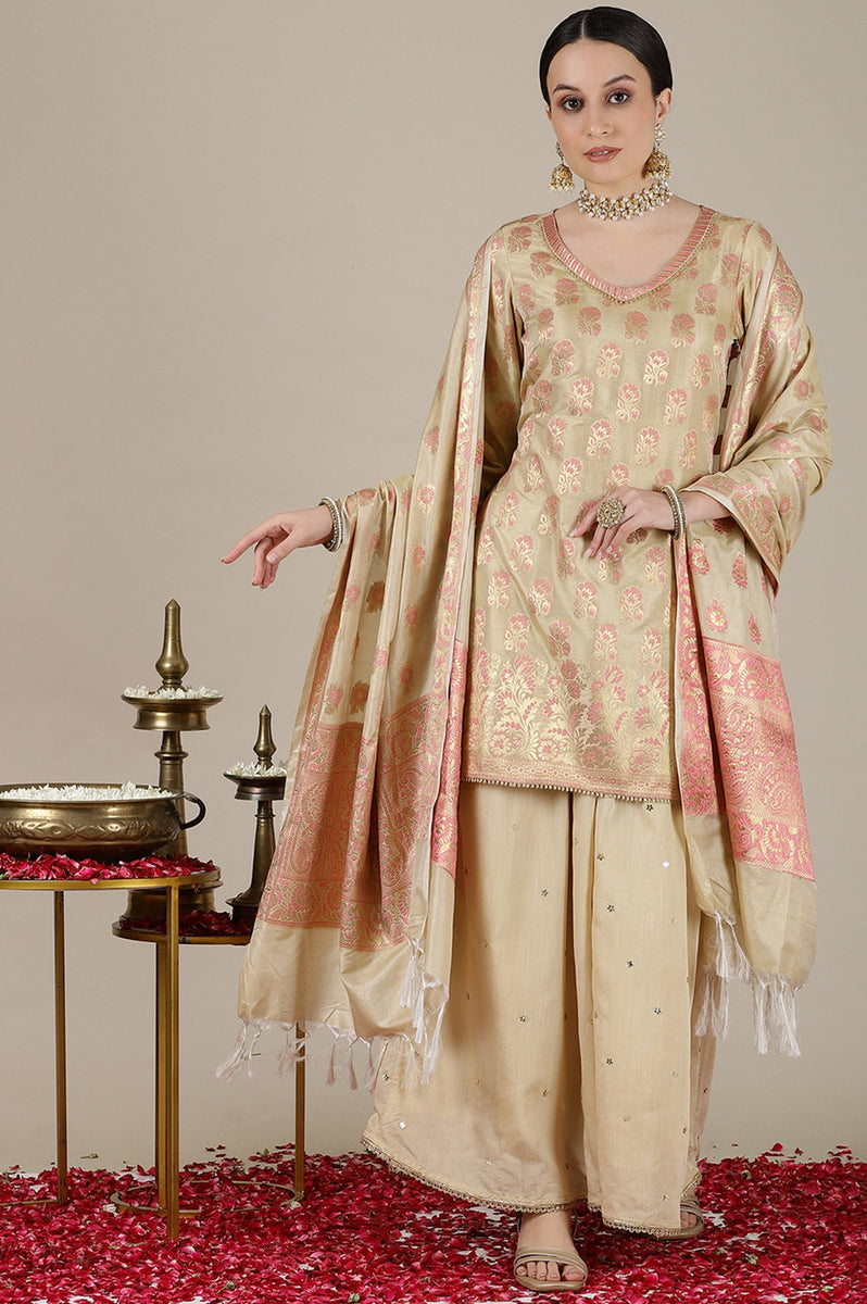Beige Yarn Dyed Short Kurta with Lace, Embellished Palazzo and Jacquar ...