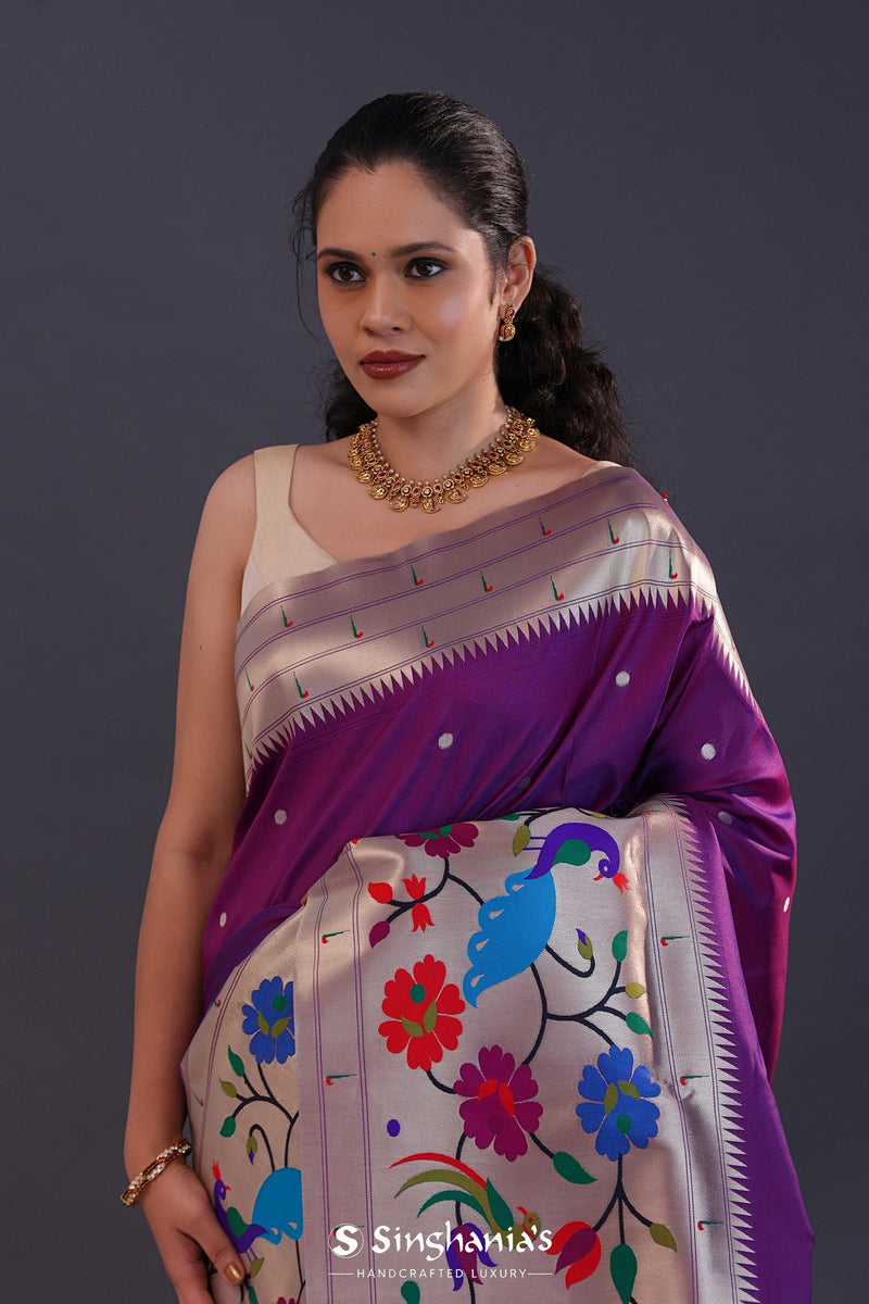 Deep Violet Paithani Saree With Triple Muniya Border – Cherrypick