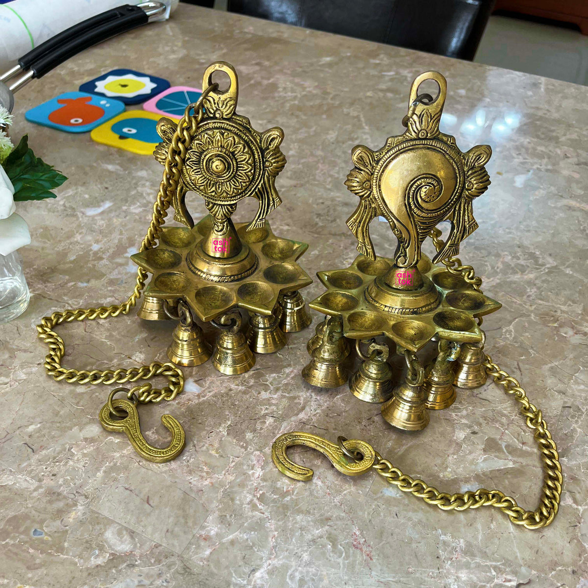 Brass Hanging Diya, BRASS DIYA Set WITH CHAIN , Sangu symboled, Diya h ...
